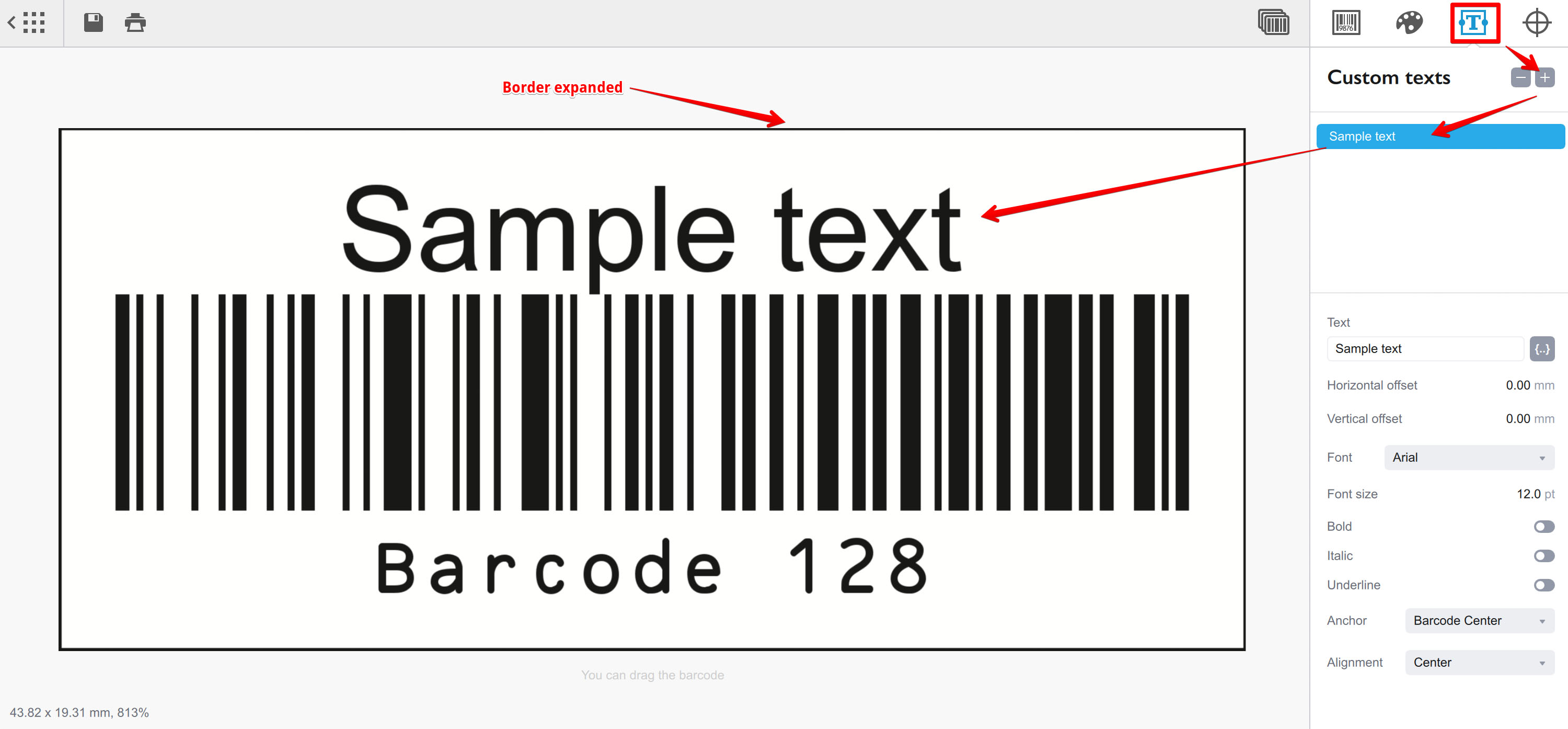 Marks Panel in Barcode Generator