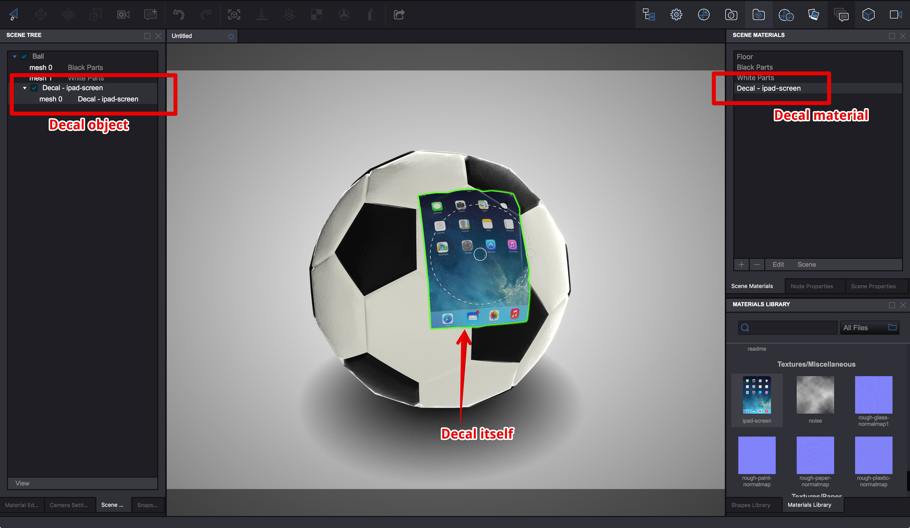 Placing images on objects as decals in Koru WebGL Exporter